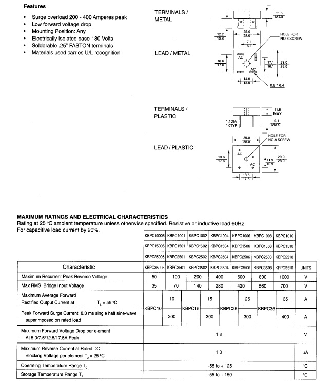 KBPC1010 Puente Rectificador 1000V @ 10A :: Micro JPM