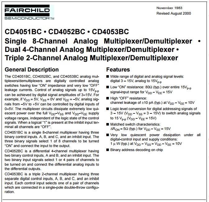 CD4051BE Single 8-Channel Analog Multiplexer - Demultiplexer :: Micro JPM
