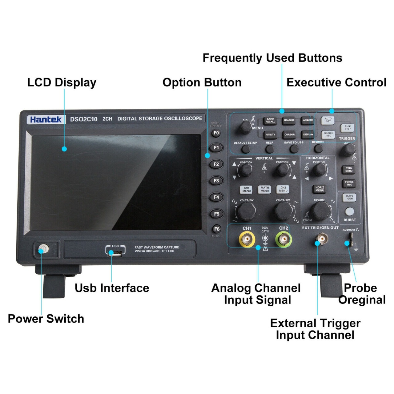 Hantek DSO2D10 TFT Digital Oscilloscope 2 Channel 100MHz with Function ...